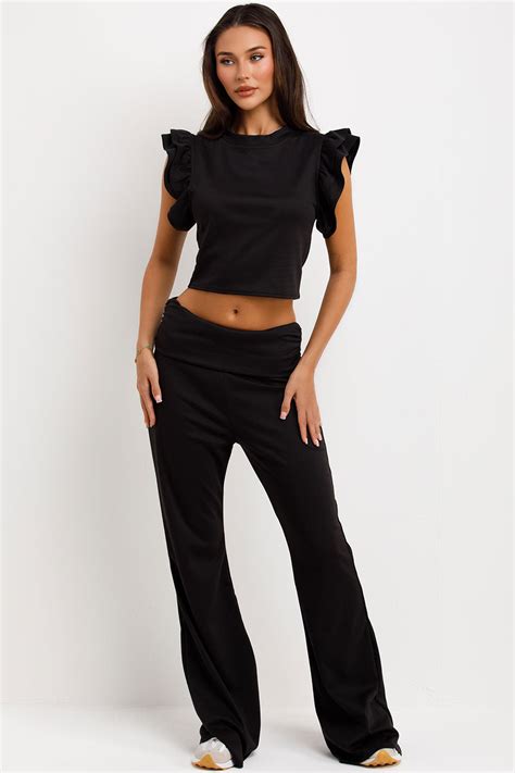 Womens Fold Flare Trouser And Frill Sleeve Top Co Ord Set Black