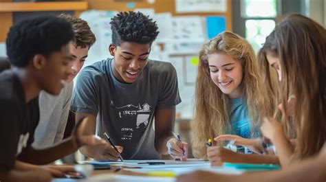 A Group Of Four Teenagers Work On A Project In A Classroom Premium Ai