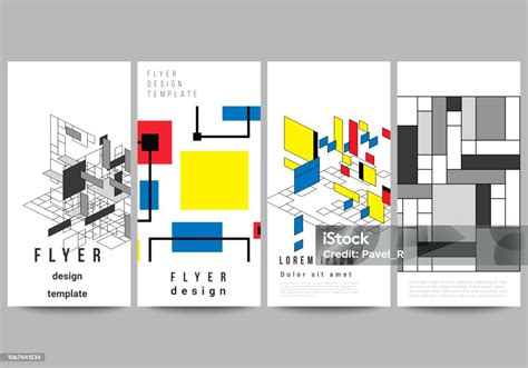 전단지 배너 디자인 서식 파일의 편집 가능한 레이아웃의 최소한의 벡터 그림 추상 다각형 배경 화려한 모자이크 패턴 복고풍 바우하우스 De Stijl 디자인 0명에 대한 스톡