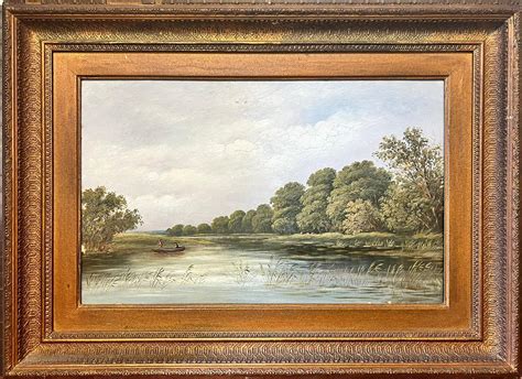 Victorian English Antique English Oil Two Figures In Punt Boat River