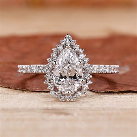 Pear Halo Engagement Ring 6 Prong Platinum 100 Ct Teardrop