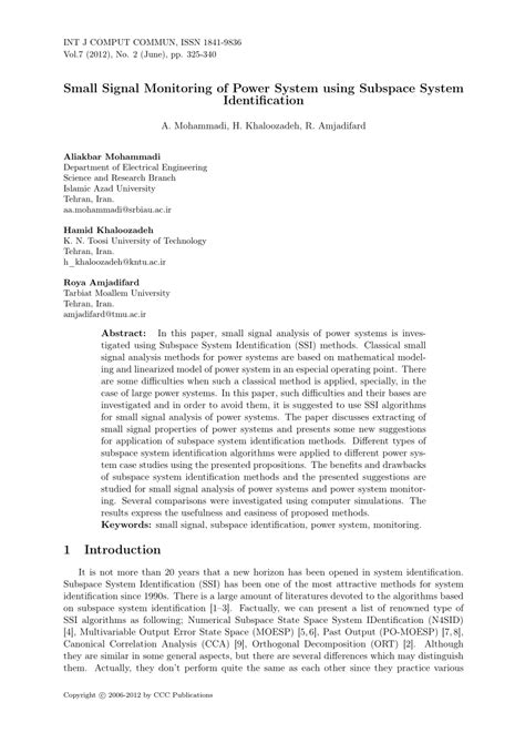 pdf small signal monitoring of power system using subspace system