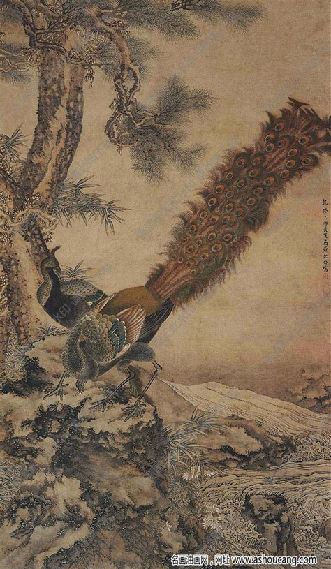 沈铨作品 松荫双雀图 高清大图下载 名画油画网