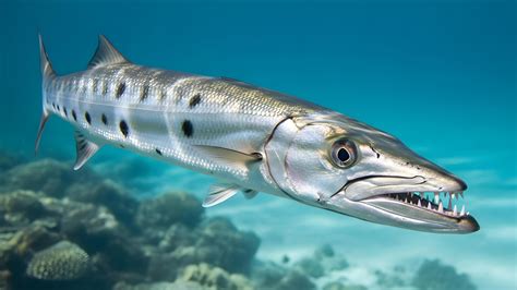 A Large Barracuda With Sharp Teeth Swims In Clear Blue Ocean Water