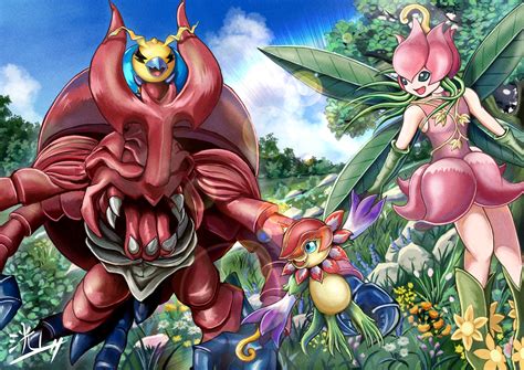 Atlurkabuterimon Atlurkabuterimon Red Floramon Kunemon Lilimon Digimon Highres Bug