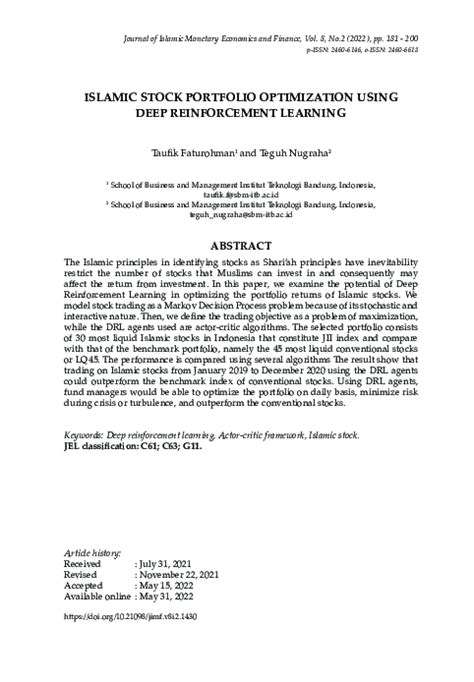 Pdf Islamic Stock Portfolio Optimization Using Deep Reinforcement