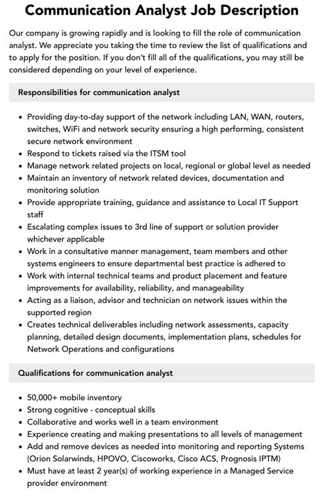 Communication Analyst Job Description Velvet Jobs