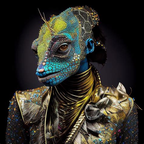 Premium Ai Image A Woman With A Blue Lizard Face And Gold Jewelry