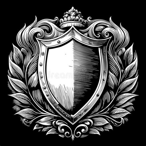 Vintage Heraldic Shield With Decorative Leaves And Crown Stock
