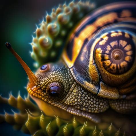 Premium Ai Image A Snail With A Green Leaf And A Yellow And Brown Shell