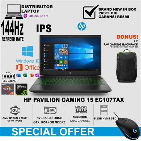 Jual Hp Laptop Pavilion Gaming 15 Ec1077ax Ryzen 5 4600h 16gb 512ssd Gtx1650 Ohs Black Non