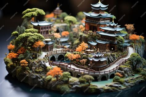 Arafed Model Of A Chinese Village With A Bridge And A Waterfall