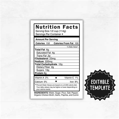 Nutrition Facts Editable Nutrition Label Nutritional Svg Png Clip