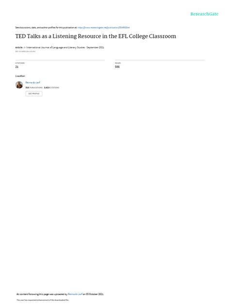 Ted Talks As A Listening Resource In The Efl College Classroom Pdf