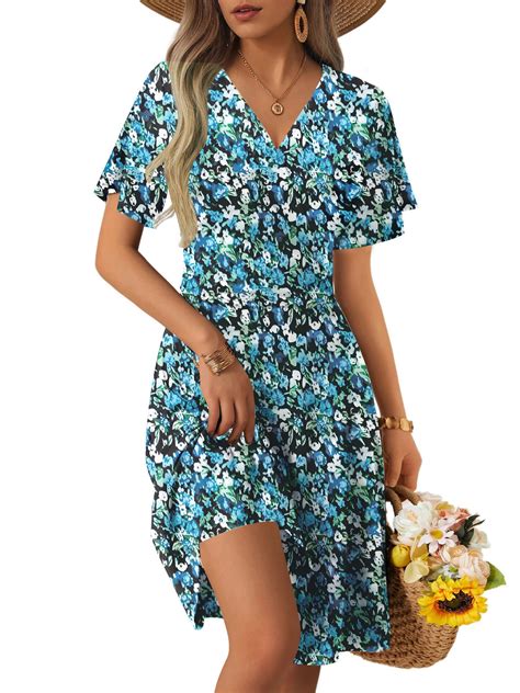 Uvn Boho Lightweight Summer Dresses Short Sleeve V Neck A Line Midi