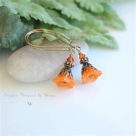 Brass Earrings Orange Czech Bell Flower Glass Beads European Etsy