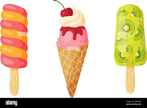 Delicious Ice Creams Layered Popsicle Cherry Waffle Cone And Fruity Popsicle Hand Drawn Flat