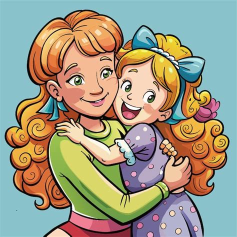 Un Dibujo De Una Madre Abrazando A Su Hija Con Un Fondo Azul Vector