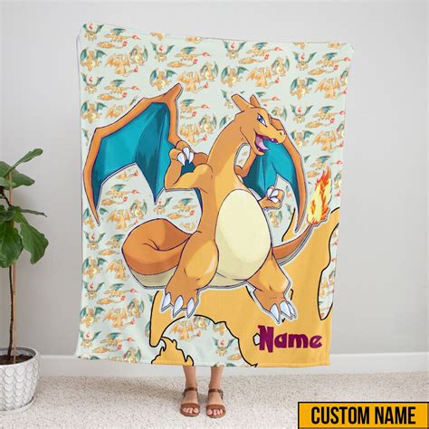 Personalized Name Charizard Fleece Mink Sherpa Blanket Pkm Anime Fleece Mink Sherpa Blanket