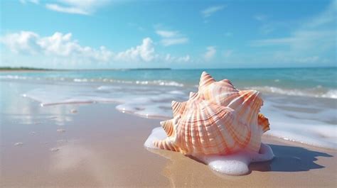 Premium Ai Image Conch Shell On Beach With Waves