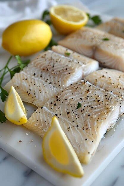 Premium Photo Fresh Raw Cod Fillets With Lemon Wedges And Parsley On Marble Board