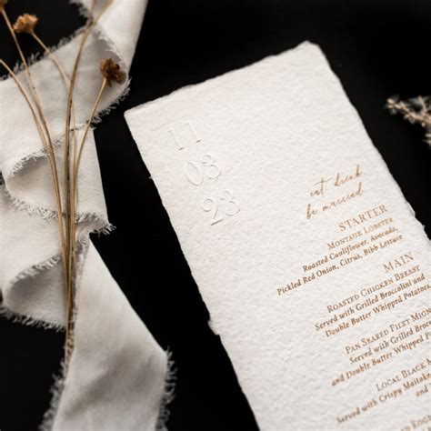 Embossed Deckled Edge Wedding Menu Torn Handmade Paper Menu For Boho