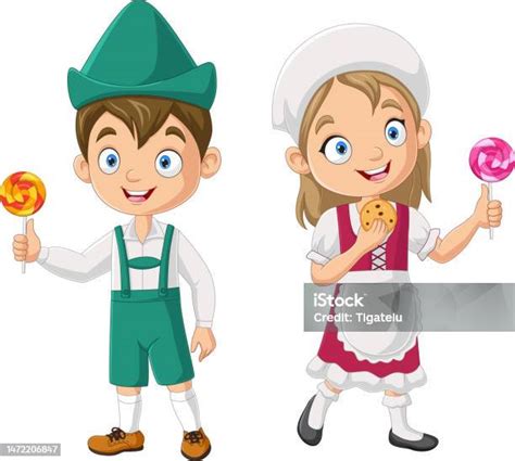 Ilustración De Dibujos Animados Felices Hansel Y Gretel Sosteniendo