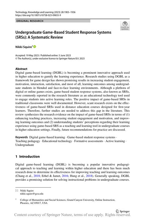 Undergraduate Game Based Student Response Systems Srss A Systematic