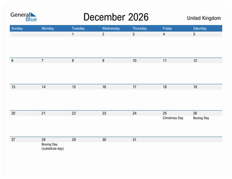 December 2026 Monthly Calendars With United Kingdom Holidays