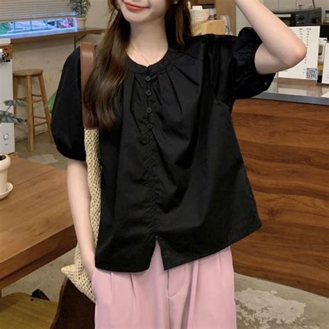 라운드 핀턱 퍼프 슬리브 여름 블라우스 캐주얼 오피스룩 구김없는 데이트