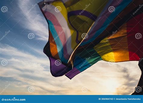 Gender Identity Defocused Rainbow Lgbtqia Flag Waving In Wind Made