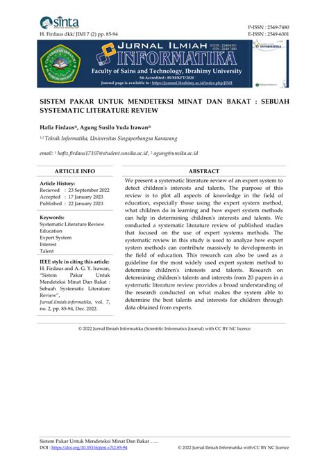 PDF Sistem Pakar Untuk Mendeteksi Minat Dan Bakat Sebuah Systematic