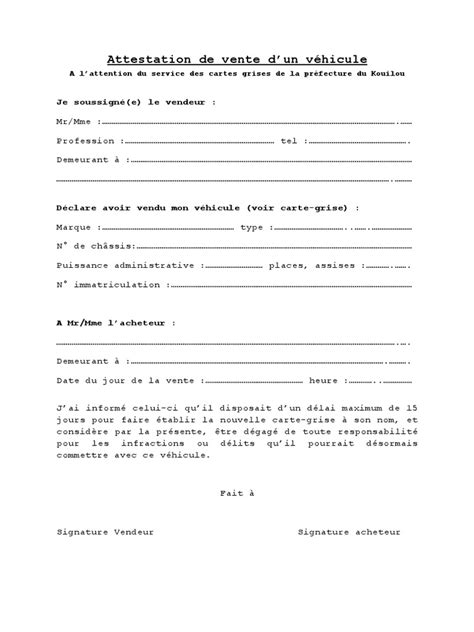Attestation De Vente De Vehicule Au Congo Pdf