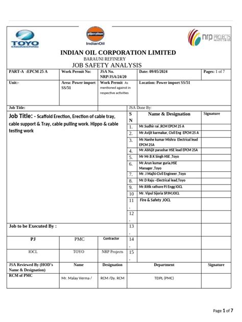 Jsa For Sub Staion Area Power Import Ss 51 Pdf Personal Protective