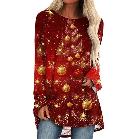 Aofany Plus Size Christmas Shirts For Women Xmas Tree Print Holiday