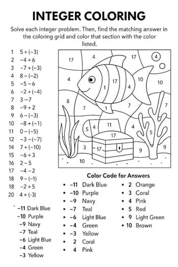 Integer Coloring Worksheet Addition And Subtraction Of Integers Color By Code
