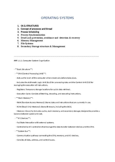 Operating Systems Overview Notes Operating Systems 1 Os And Structures 2 Concept Of Processes