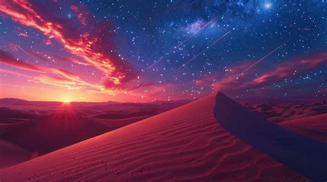 Desert Sunset With Starry Sky And Shooting Stars Premium Ai Generated