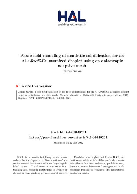 Pdf Phase Field Modeling Of Dendritic Solidification For An Al 45wt