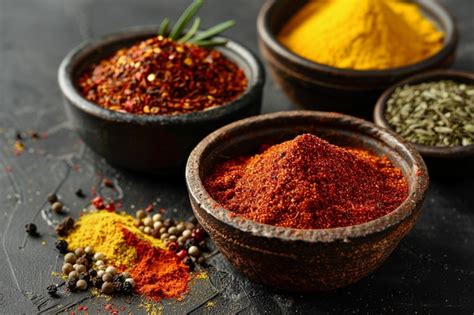 Assorted Spices In Bowls On Dark Textured Background Premium Photo