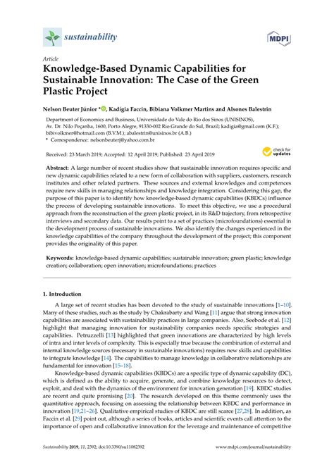 Pdf Knowledge Based Dynamic Capabilities For Sustainable Innovation