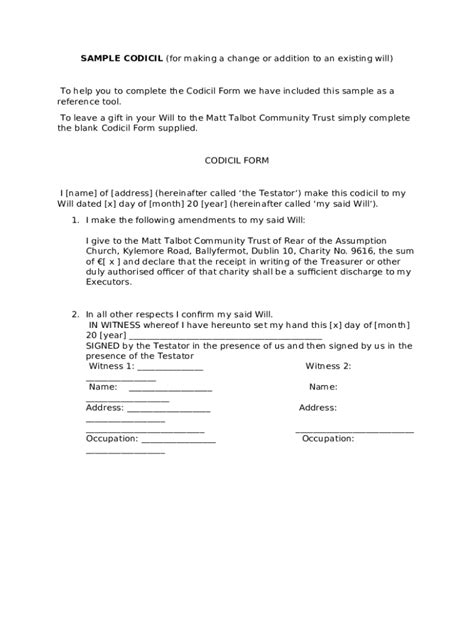 Download The Codicil The Matt Talbot Community Trust Doc Template Pdffiller