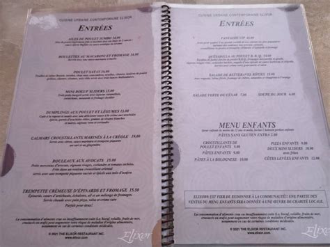 Menu Au Elixor Restaurant Laval Av Pierre Péladeau