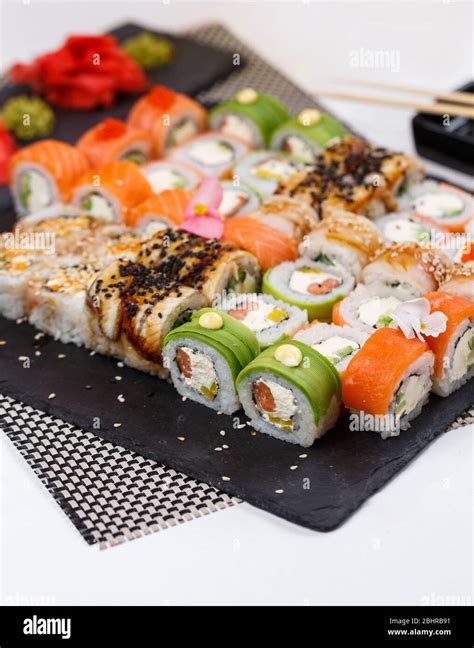 Set Of Sushi Different Types Of Maki And Nigiri Sushi With Ginger