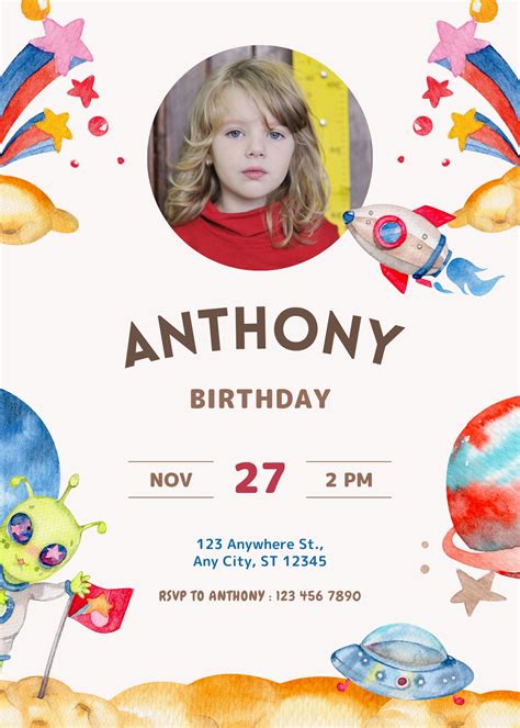 Tarjeta De Invitación De Cumpleaños Espacial Para Niños Etsy España