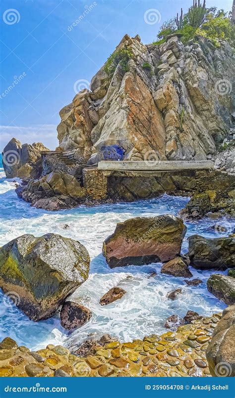 Beautiful Surfer Waves Rocks Cliffs At Beach Puerto Escondido Mexico