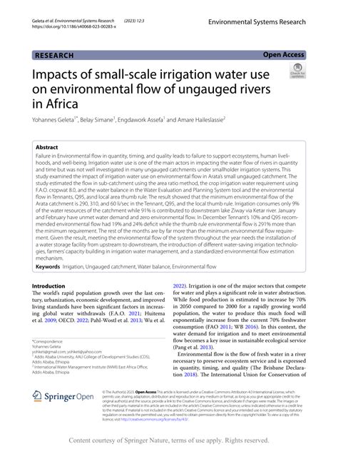 Pdf Impacts Of Small Scale Irrigation Water Use On Environmental Flow Of Ungauged Rivers In Africa