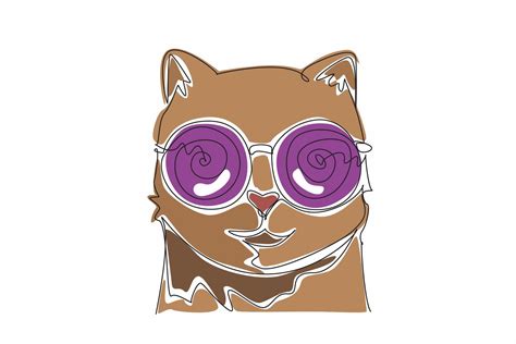 One Continuous Line Drawing Of Cute Cat Wearing Hypnotism Glasses