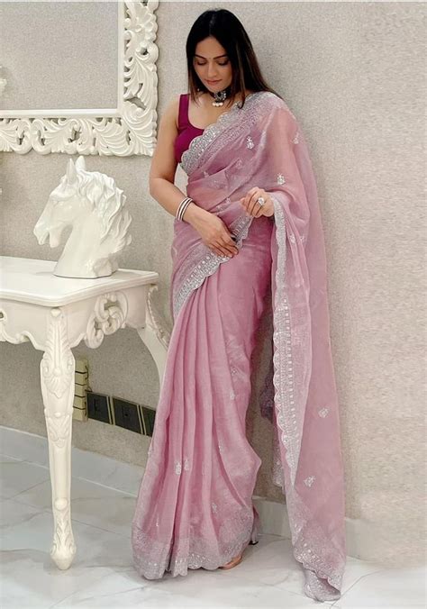 Organza Party Wear Saree Bridal Saree Wedding Saree Pink Organza