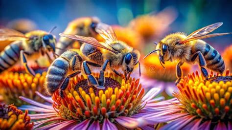 A Detailed Look At Honeybees Pollinating Flowers At The Hive Entrance